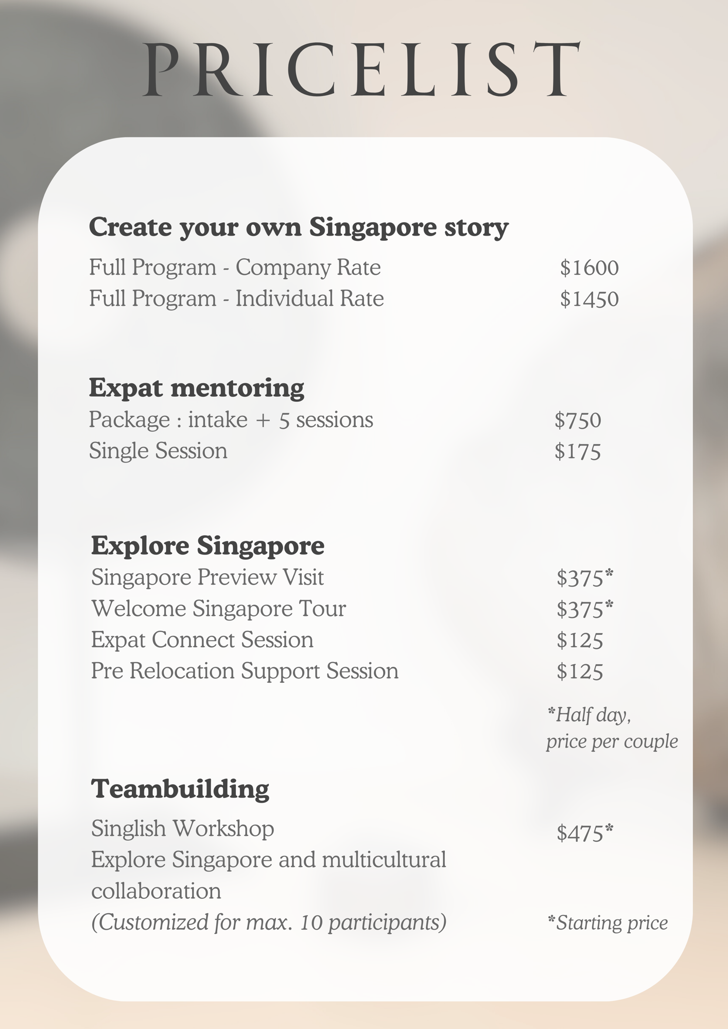 Pricelist & Agenda – SingaporeandYou